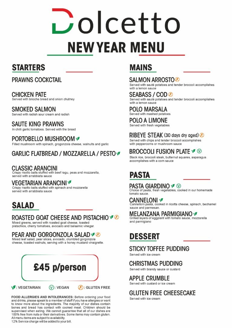 New Year Menu – Dolcetto Restaurant